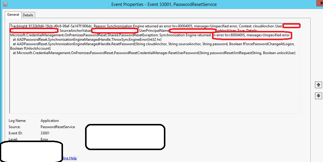 Password Writeback EventId 33001 and error hr=80004005, unspecified ...